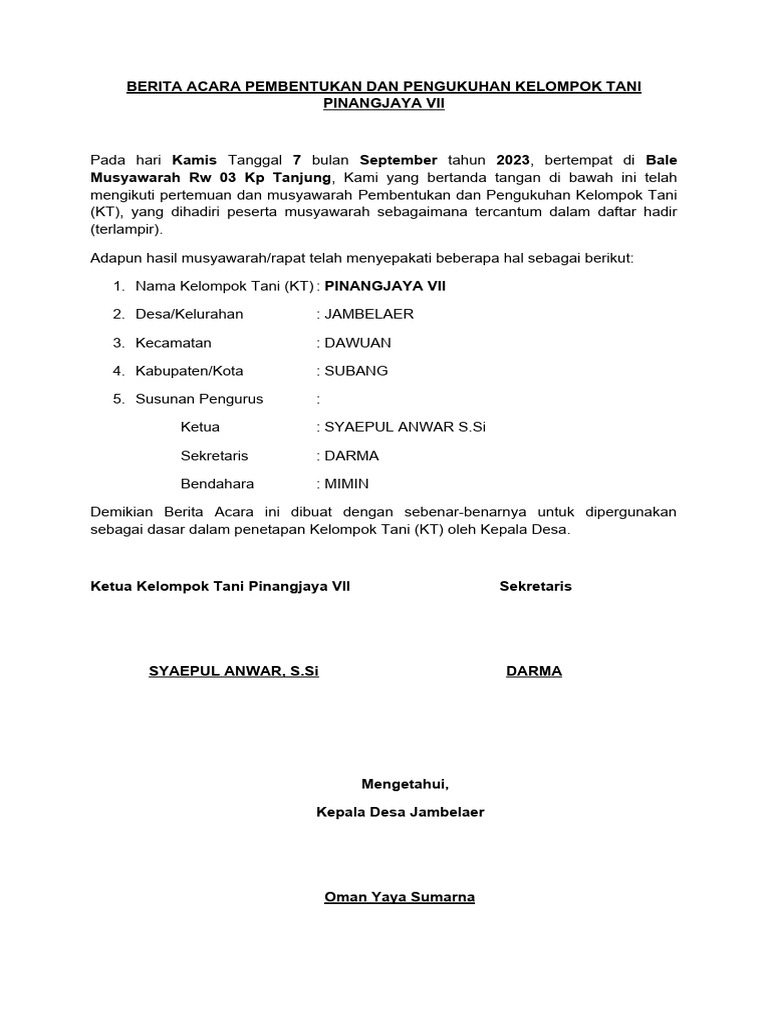 Berita Acara Pembentukan Kelompok Tani | PDF