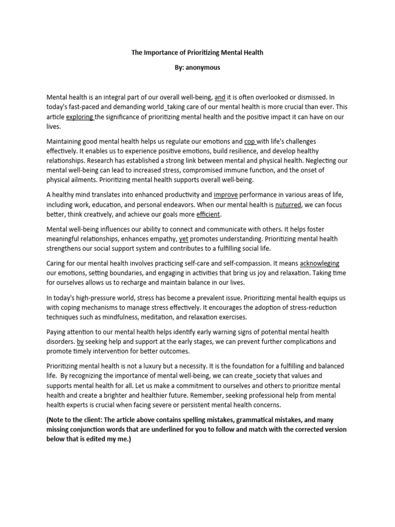 Benefits of Prioritizing Mental Health | PDF | Mental Health ...