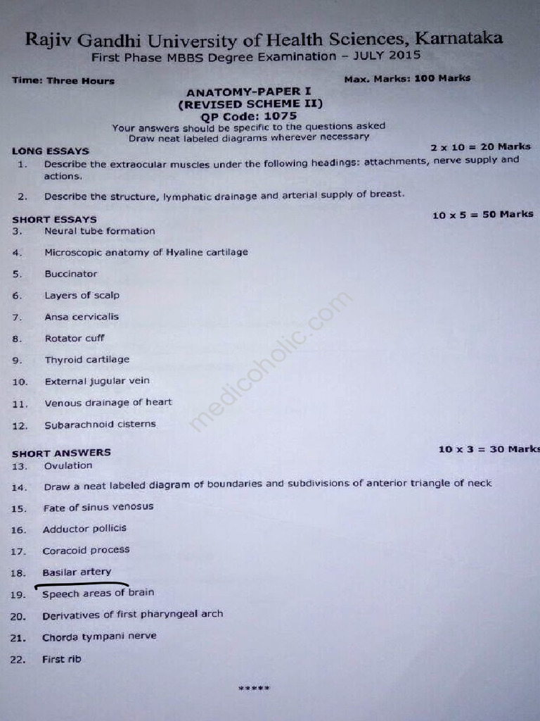 1st Year MBBS Question Papers RGUHS 2015 | PDF