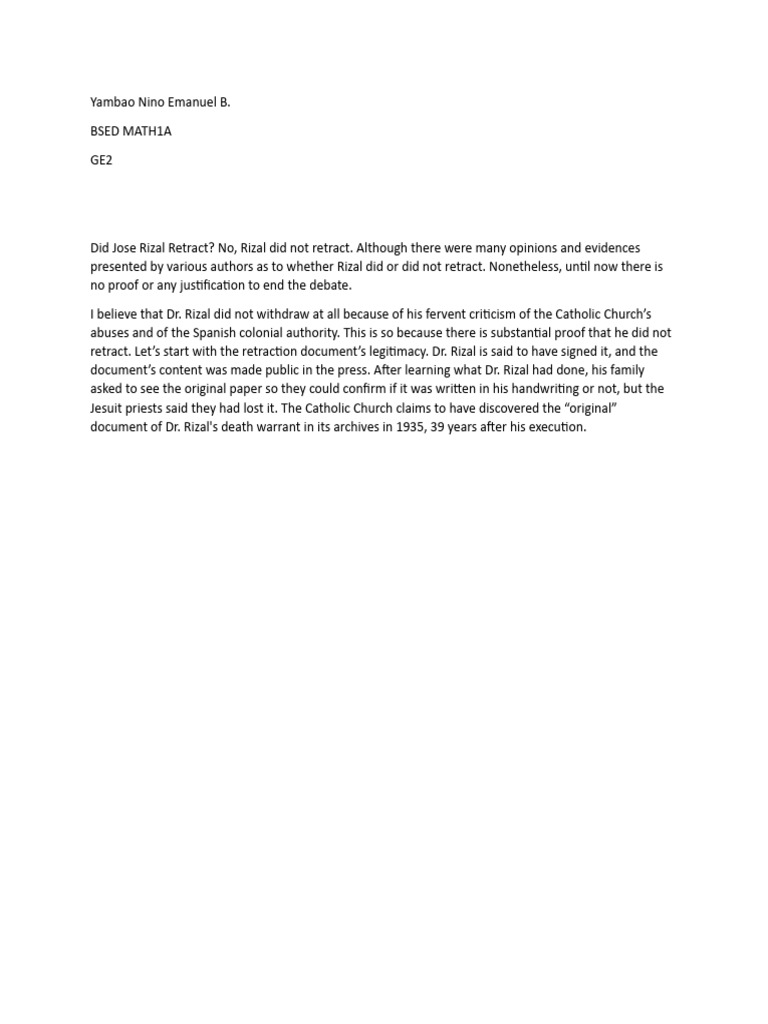 Rizal Retraction | PDF
