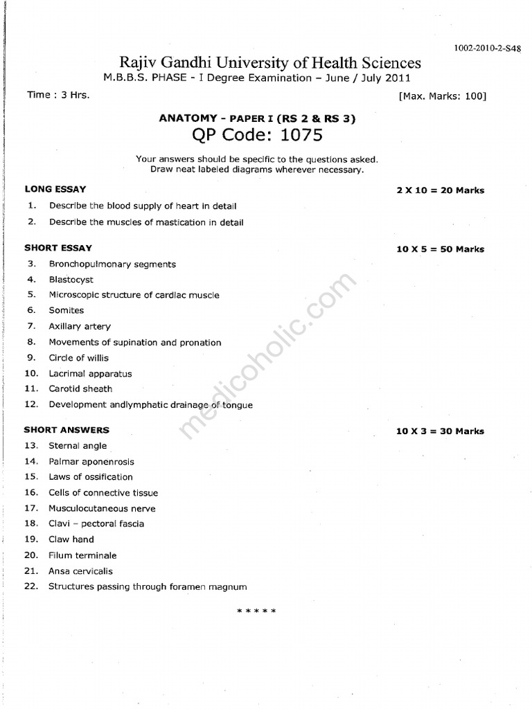 1st Year MBBS Question Papers RGUHS 2011 | PDF