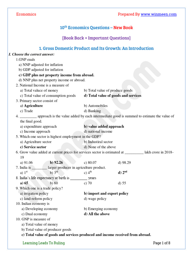 10th Economics Questions in English New Book | PDF | Gross Domestic ...