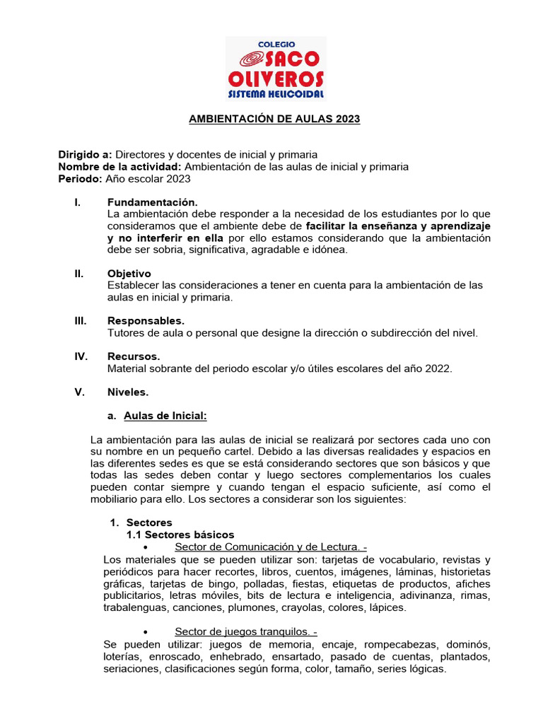 Ambientación De Las Aulas De Inicial Y Primaria 2023 V04feb Pdf