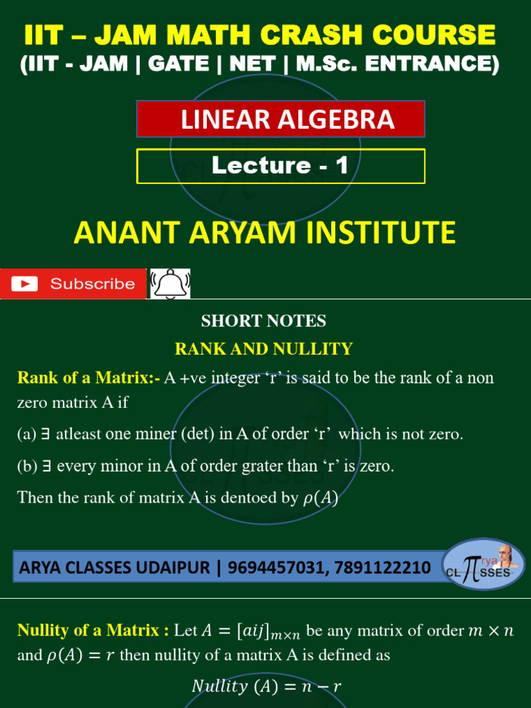 Linear Algebra Lec - 1 Iit - Jam Math Crash Course 2023 | PDF | Matrix ...