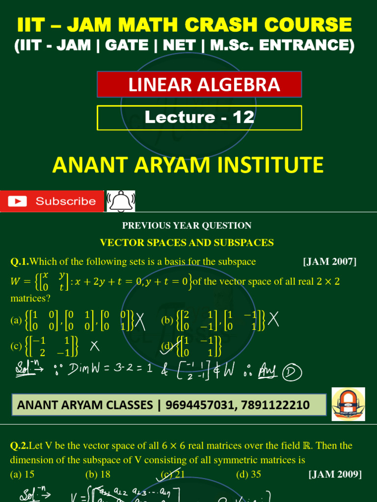 Linear Algebra Lec - 12 Iit - Jam Math Crash Course 2023 | PDF | Linear Subspace | Vector Space