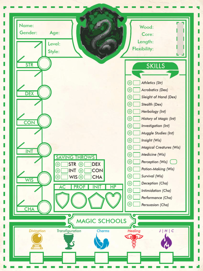 HP Character Sheet Slytherin Fillable | PDF | Harry Potter