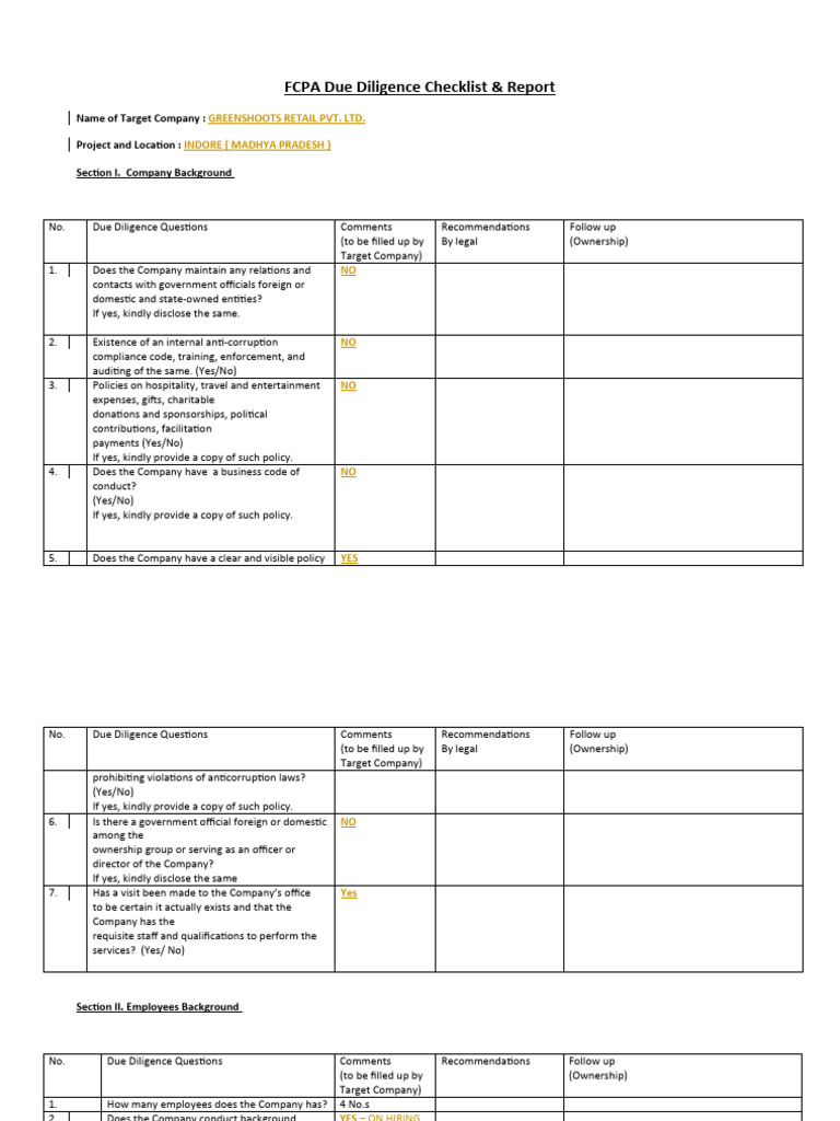 Anti Corruption and Anti Bribery Due Diligence Questionnaires - India ...