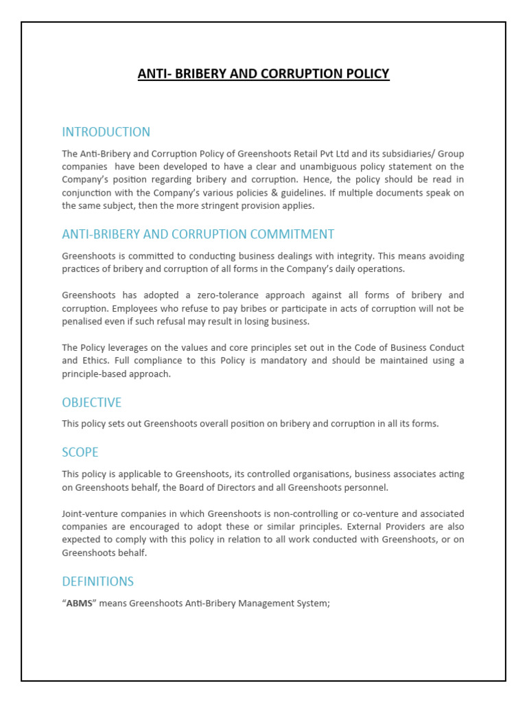 Greenshoots Anti-Bribery Policy Overview | PDF | Bribery | Corruption