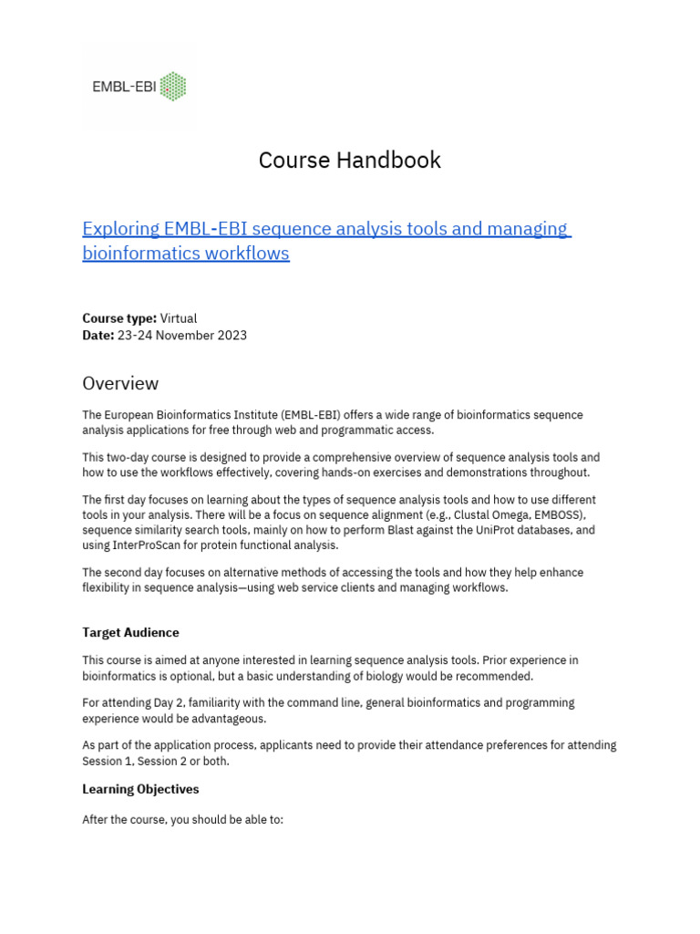 Course Handbook - Sequence Analysis Tools and Workflows | PDF | Bioinformatics | Sequence Alignment
