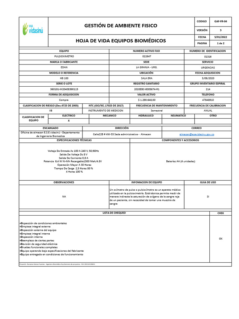 Hoja de Vida 01316 Pulsioximetro La Granja - Urg. Urgencias | PDF