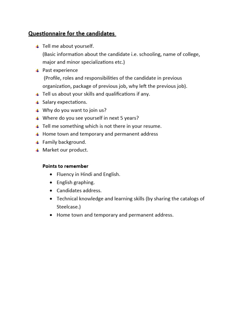 Candidate Interview Questionnaire | PDF | Career & Growth