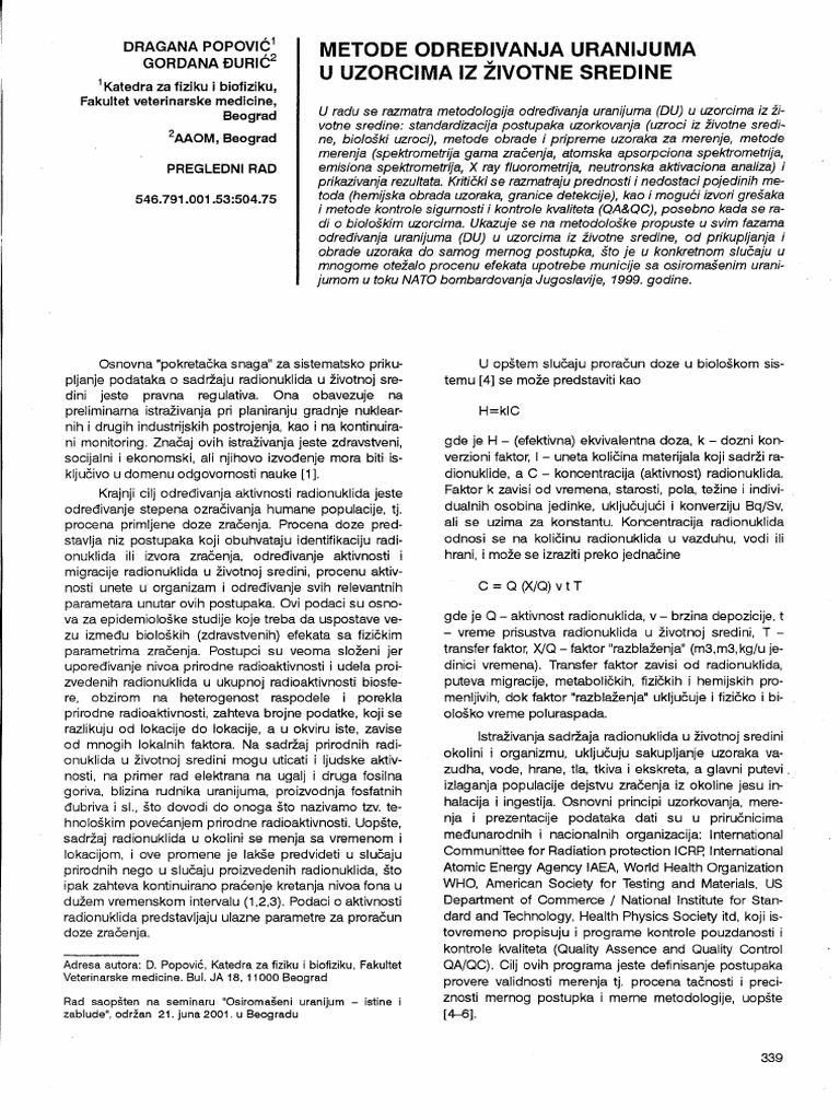 Metode Određivanja Uranijuma U Uzorcima Iz Životne Sredine | PDF