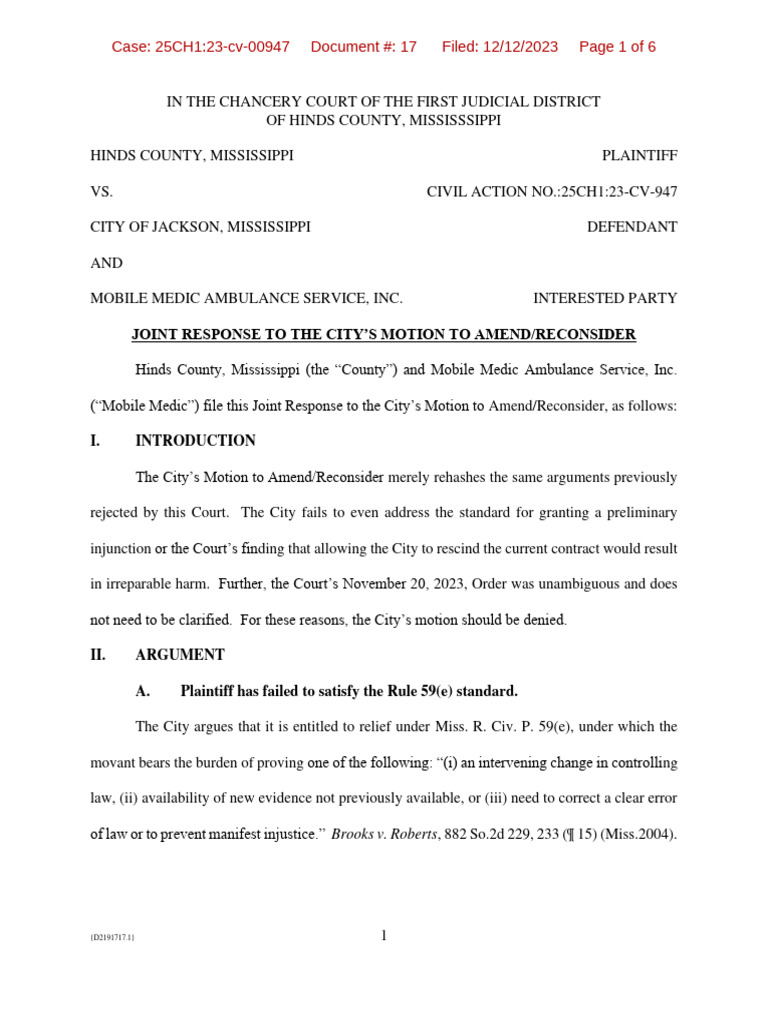 Joint Response to City’s Motion in Hinds Case | PDF | Injunction | Lawsuit