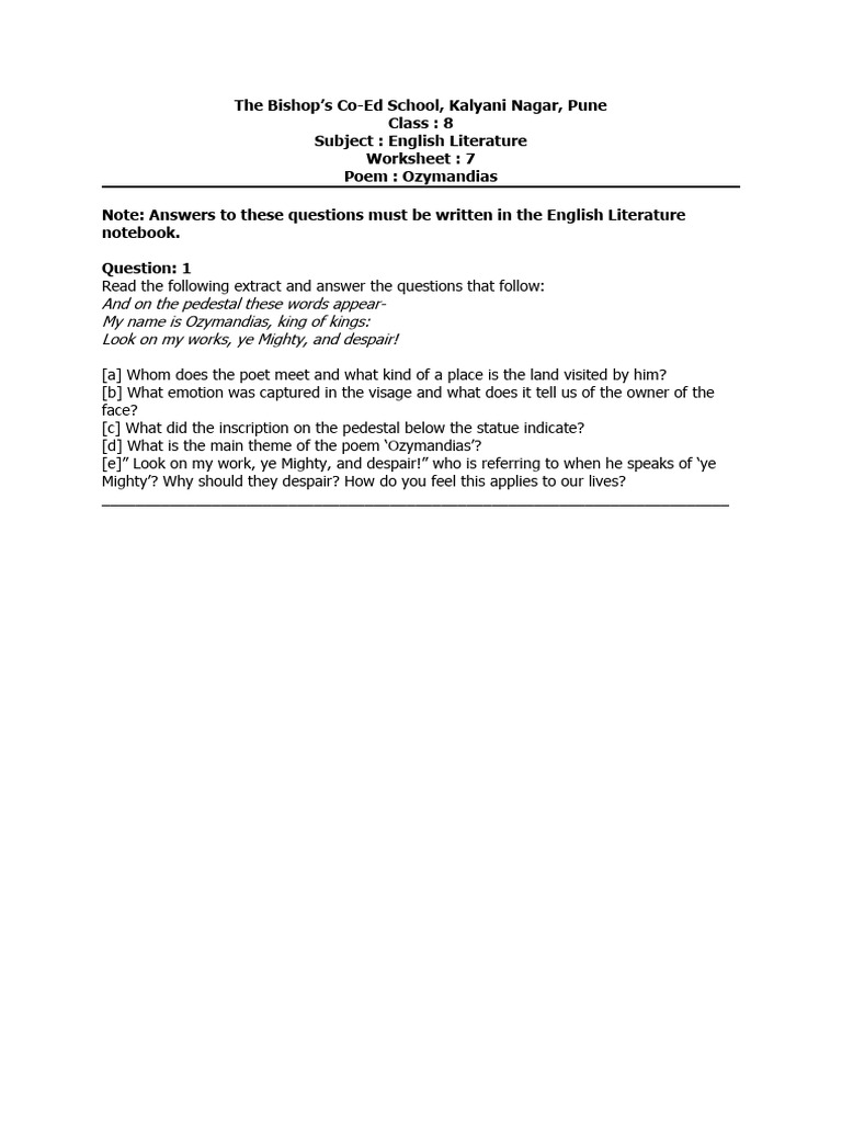 09082023062801worksheet 7 Poem Ozymandias Questions | PDF