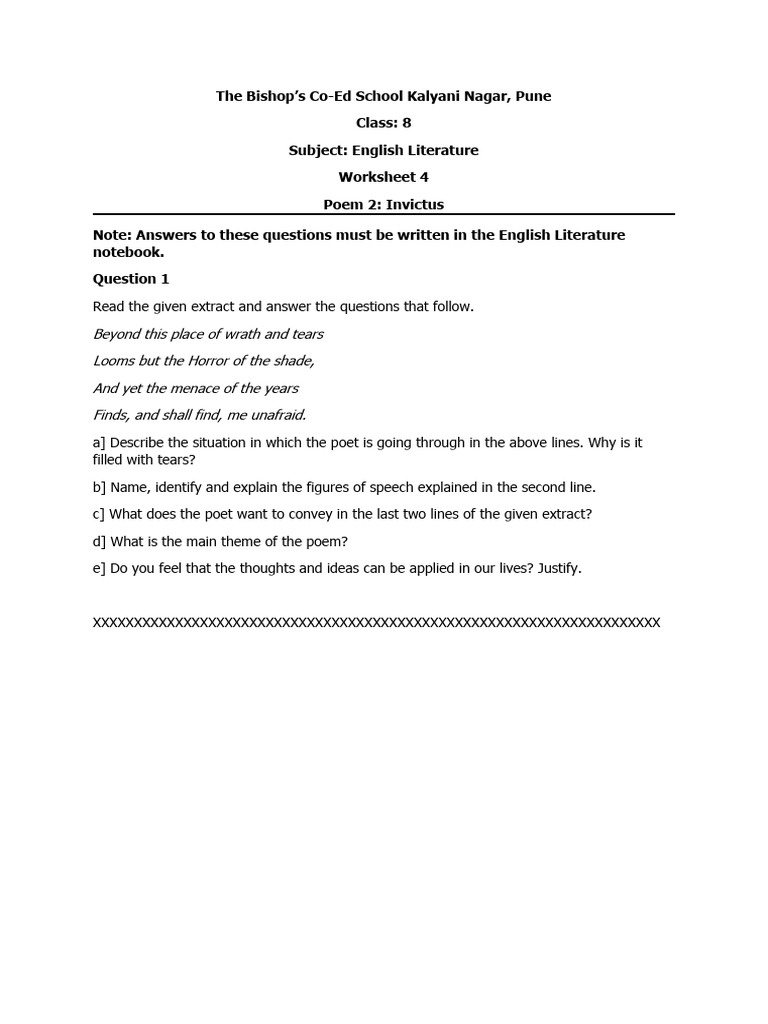 Invictus Poem Worksheet for Class 8 | PDF