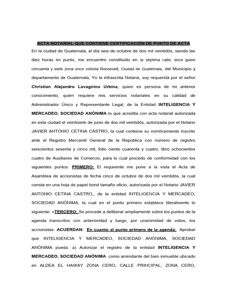 Acta Notarial Que Contiene Certificación de Puntos de Acta | PDF Acta Notarial Que Contiene Certificación de Puntos de Acta | PDF