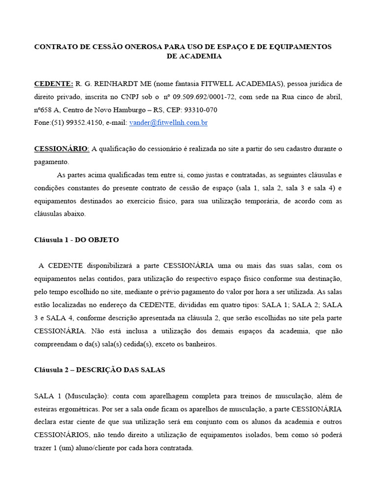 Contrato Contrato De Cessão Onerosa Para Uso De Espaço E De