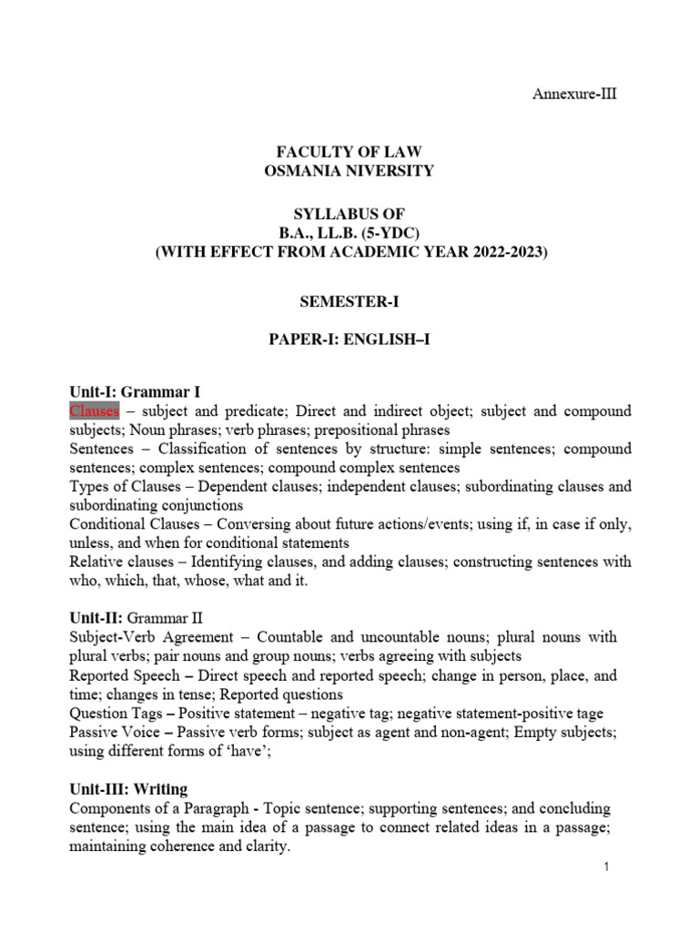 New Syllabus Of Ba Llb 5ydc 2022 23 Pdf Clause Tort
