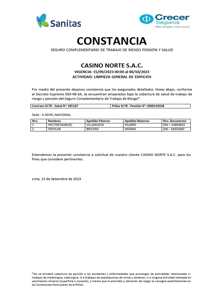 Cobertura SCTR: Salud y Pensión 2023 | PDF | Póliza de seguros | Seguro
