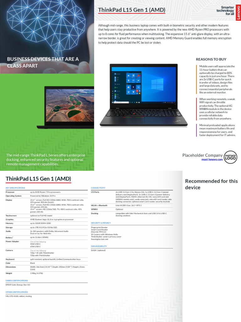 ThinkPad L15 Gen 1 AMD Datasheet EN | PDF | Office Equipment | Computing