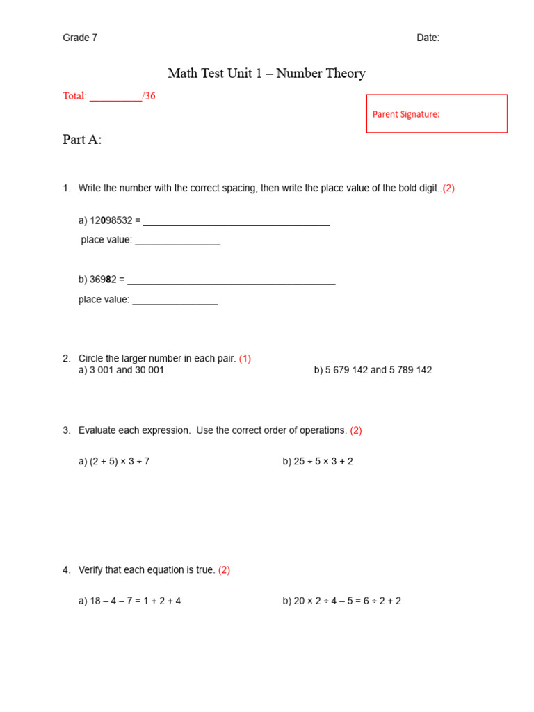 Math Test Unit 1 Grade 7 | Download Free PDF | Numbers | Area