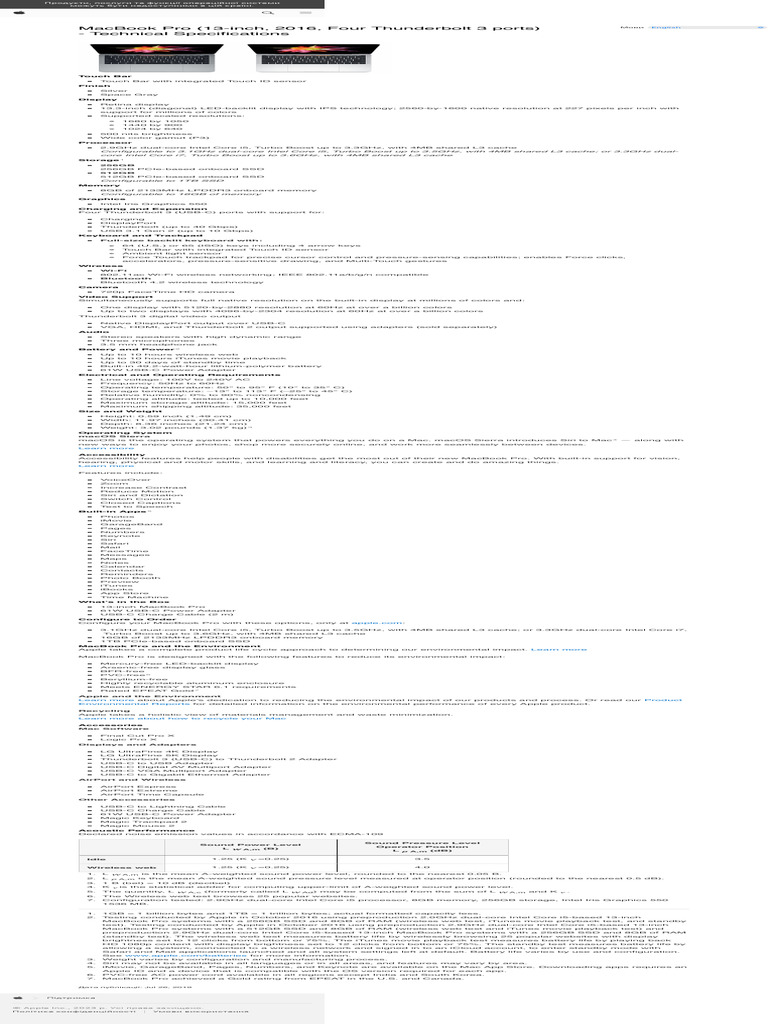 MacBook Pro (13-Inch, 2016, Four Thunderbolt 3 Ports) - Technical Specifications (UA) | PDF ...