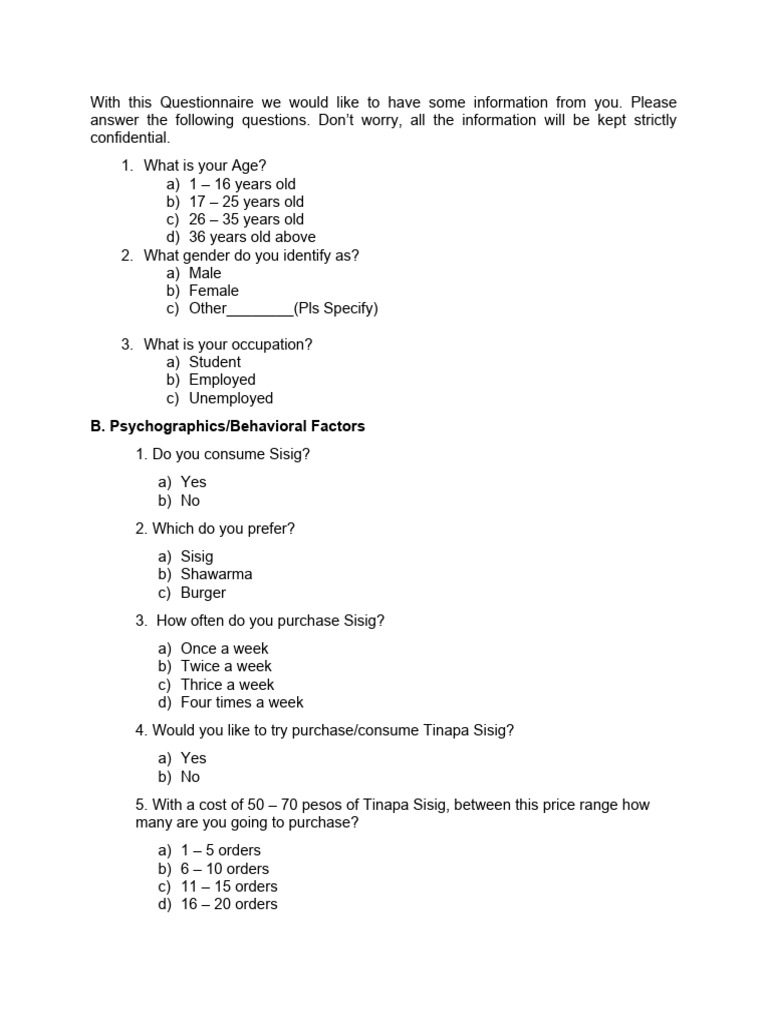 Tinapa-Sisig Questionnaire | PDF | Cooking, Food & Wine | Self-Improvement
