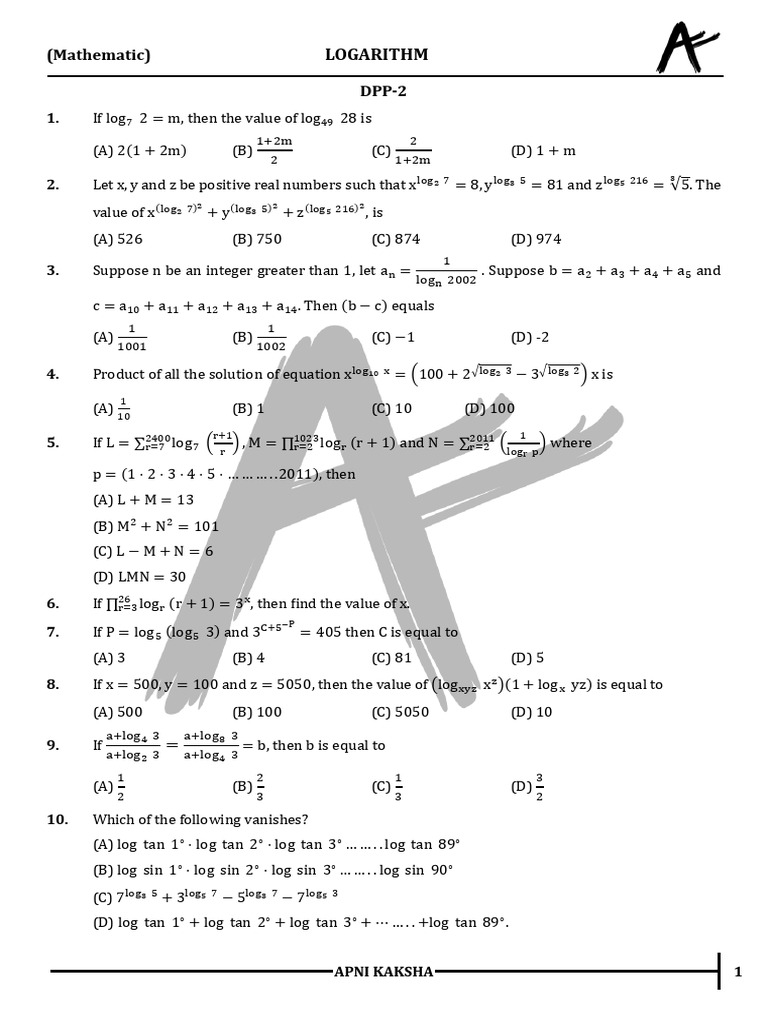 DPP - 02 - Logarithm | PDF | Logarithm | Function (Mathematics)