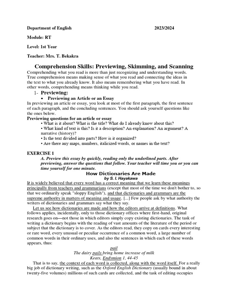 Comprehension Skills | PDF | Speed Reading | Reading Comprehension