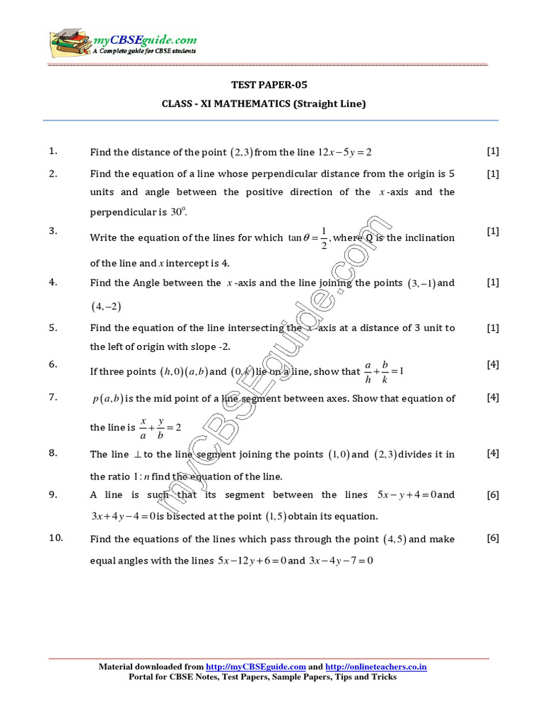 11 Mathematics Straight Line Test 05 | PDF