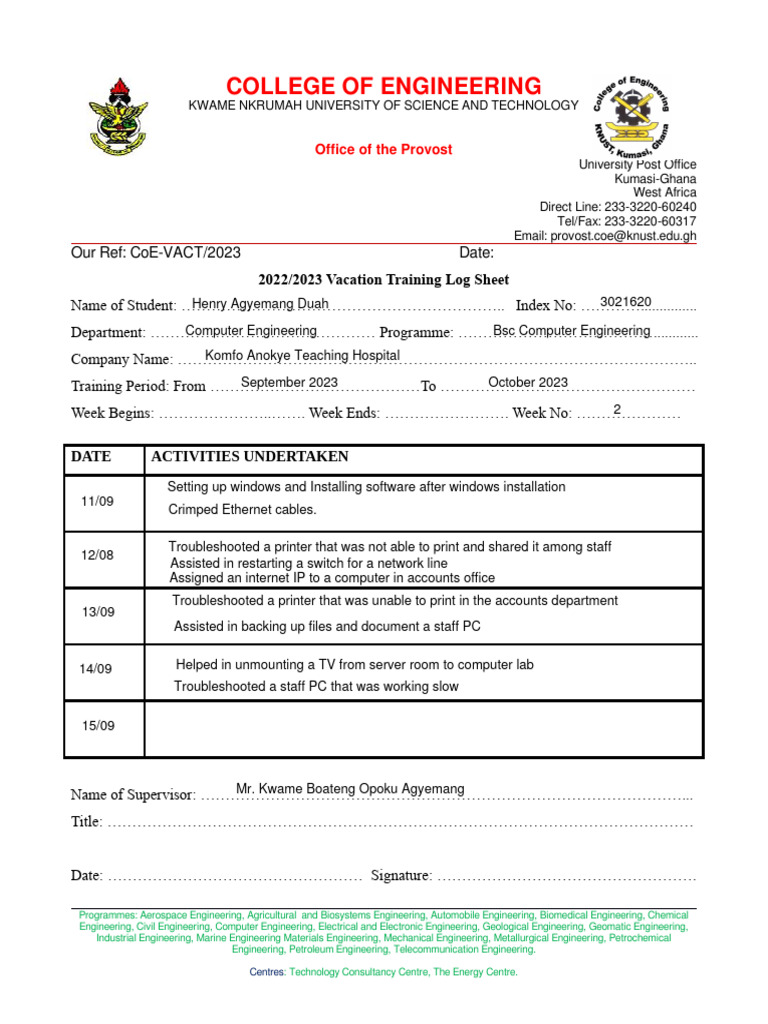 2022/2023 Internship Log Sheet | PDF | Engineering | Computing