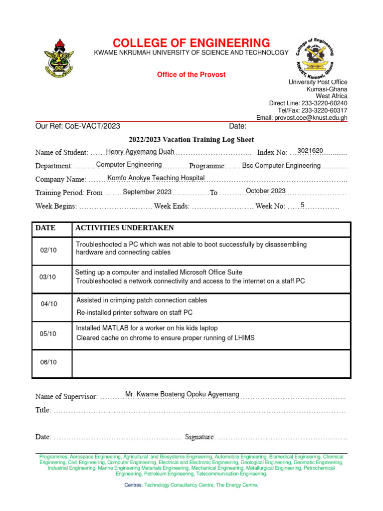 Internship Log Sheet Form 2023-W5 | PDF | Engineering | Computer Engineering