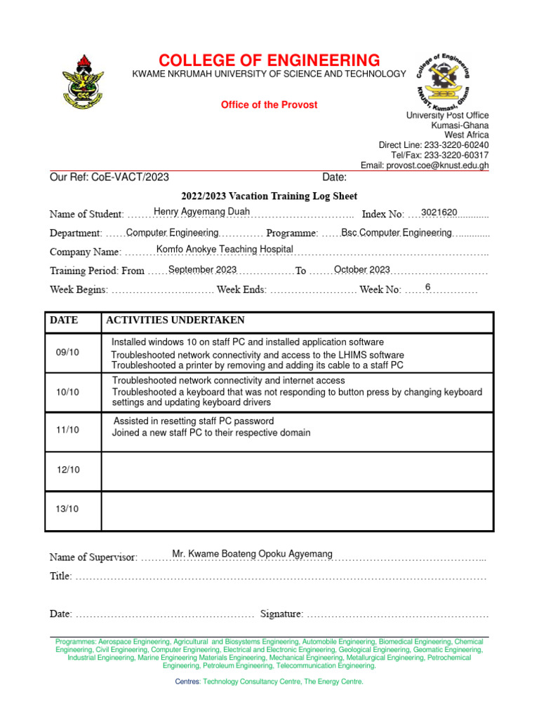 Internship Log Sheet Form 2023-W6 | PDF | Engineering | Personal Computers