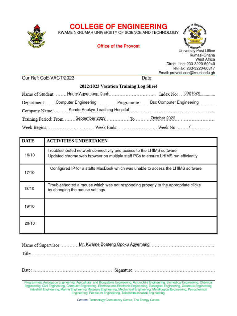 Internship Log Sheet Form 2023-W7 | PDF | Engineering | Computing
