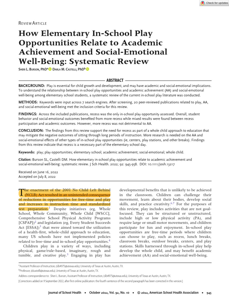 In-School Play and Academic Success | PDF | Systematic Review | Cognition