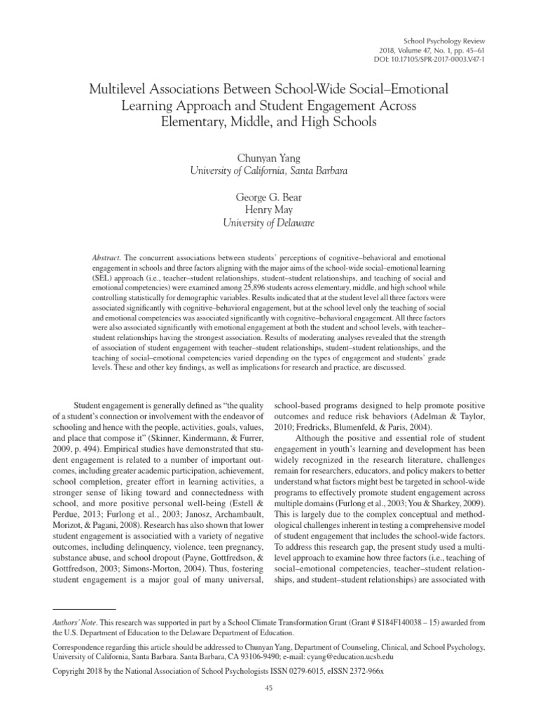 Multilevel Associations Between School-Wide Social-Emotional Learning Approach and Student ...