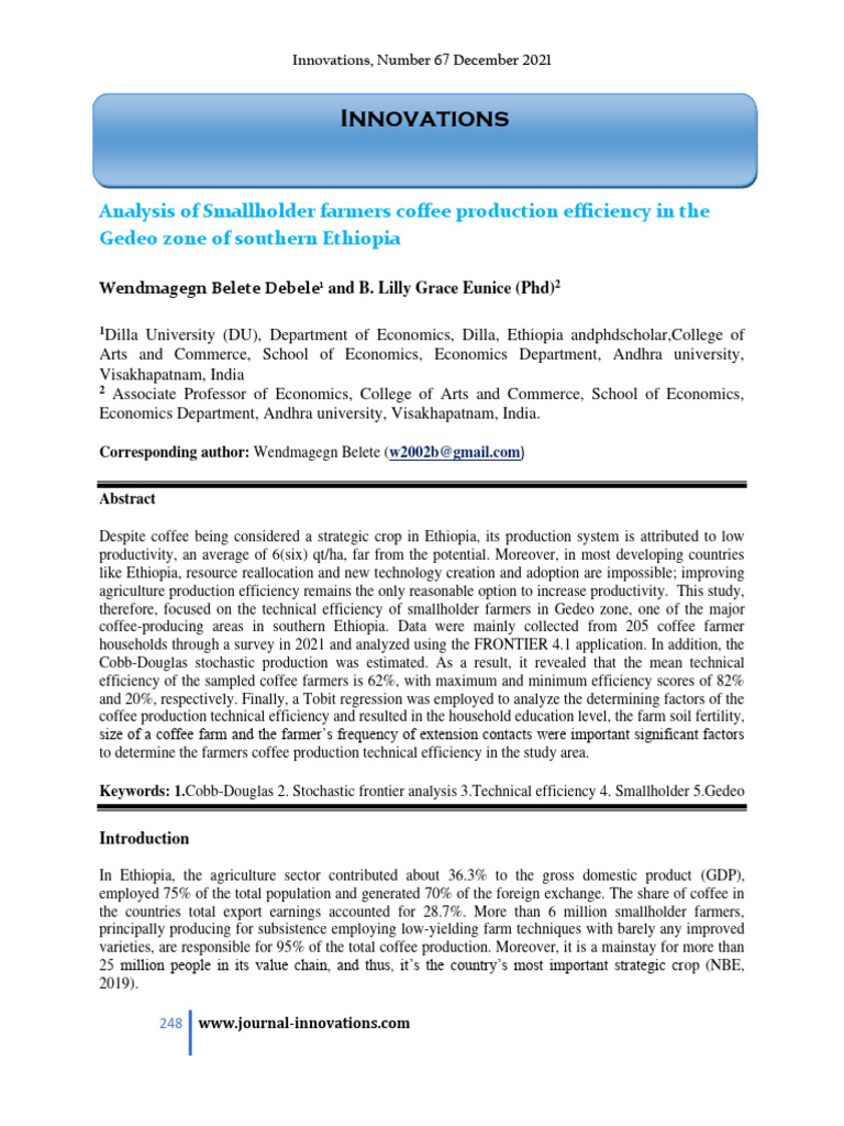 Innovations: Analysis of Smallholder Farmers Coffee Production Efficiency in The Gedeo Zone of ...