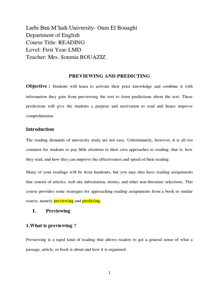 Previewing and Predicting | PDF | Reading Comprehension | Behavior Modification