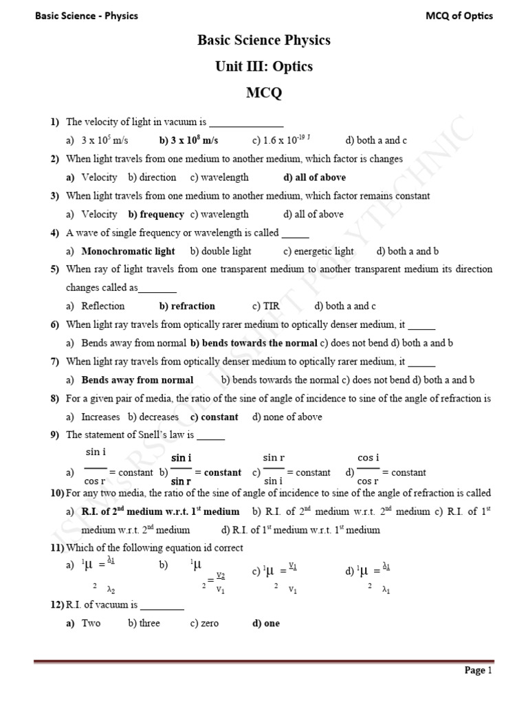 Unit III MCQ Thermometry and Fiber Optics | PDF | Transmission Medium ...