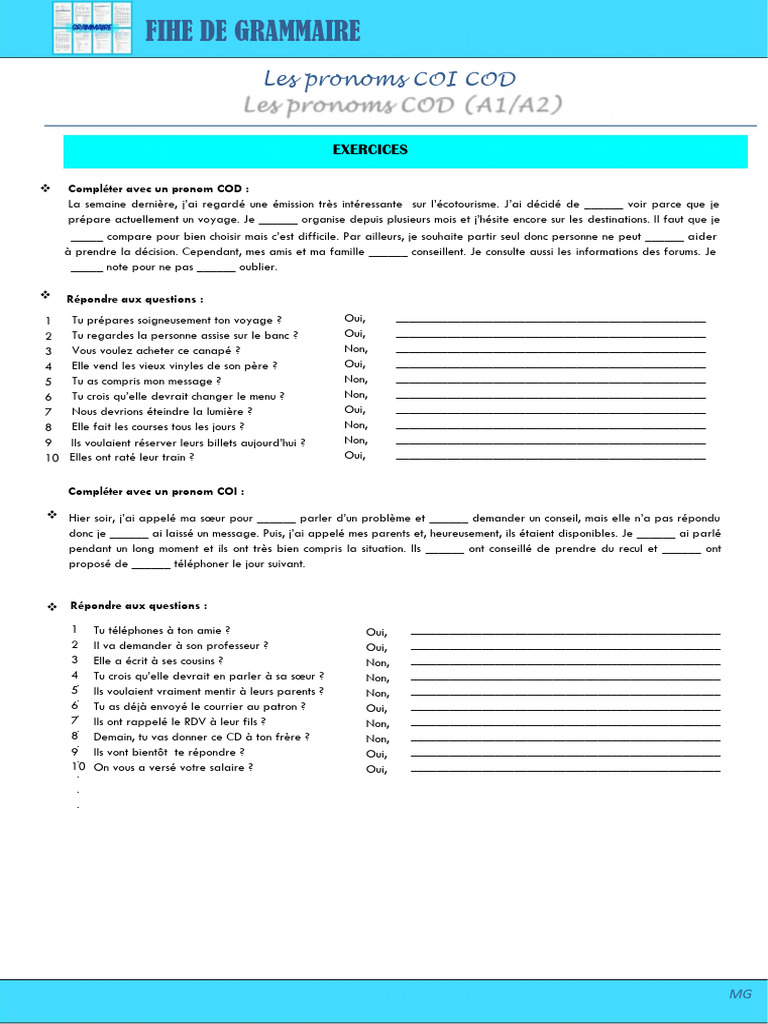 Exercices sur les pronoms COD et COI | PDF
