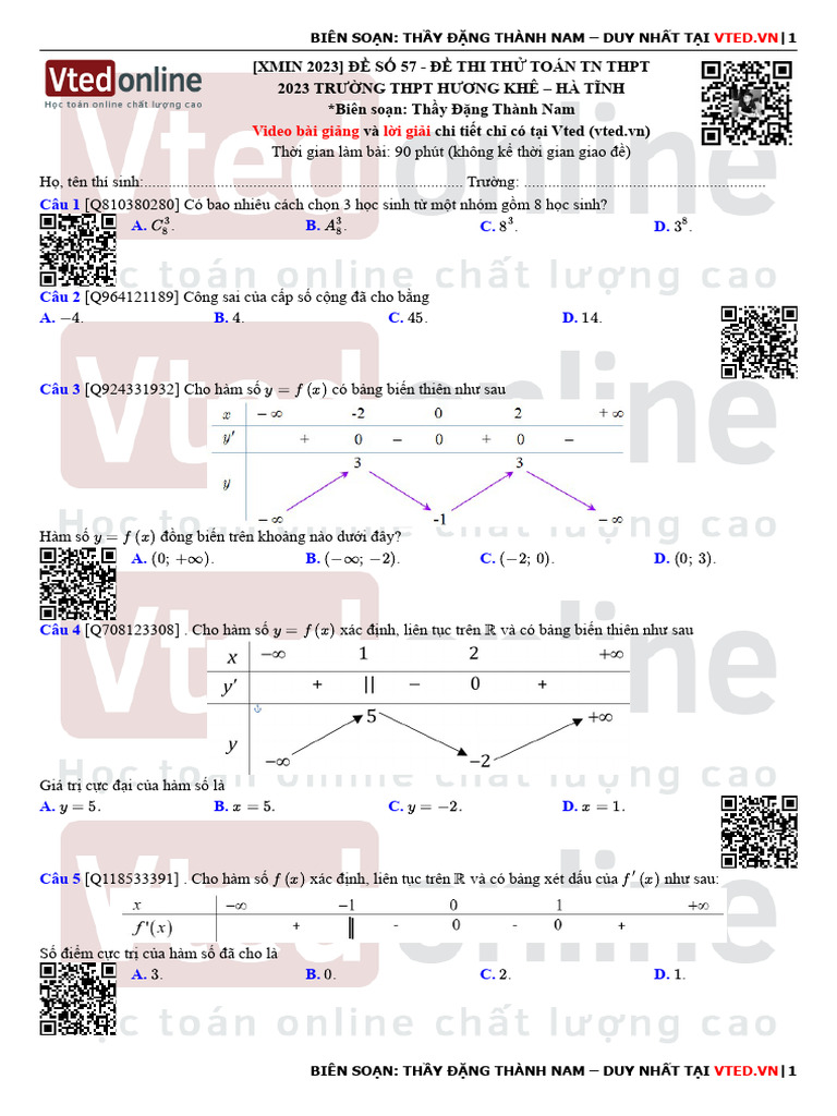 (XMIN 2023) Đề số 57 - Đề thi thử Toán TN THPT 2023 trường THPT Hương Khê - Hà Tĩnh - Học toán ...