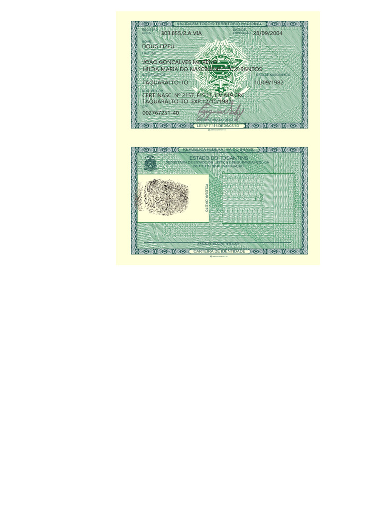 Carteira de Identidade Tocantins 2004 | PDF