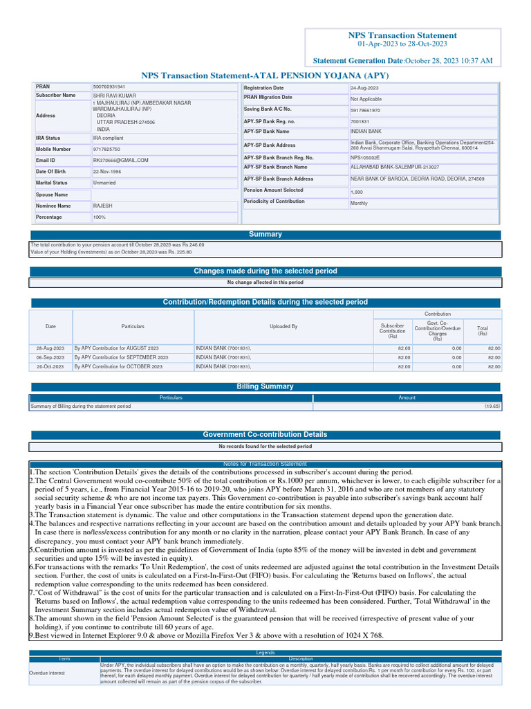 APY Statement for Ravi Kumar | PDF | Interest | Banks