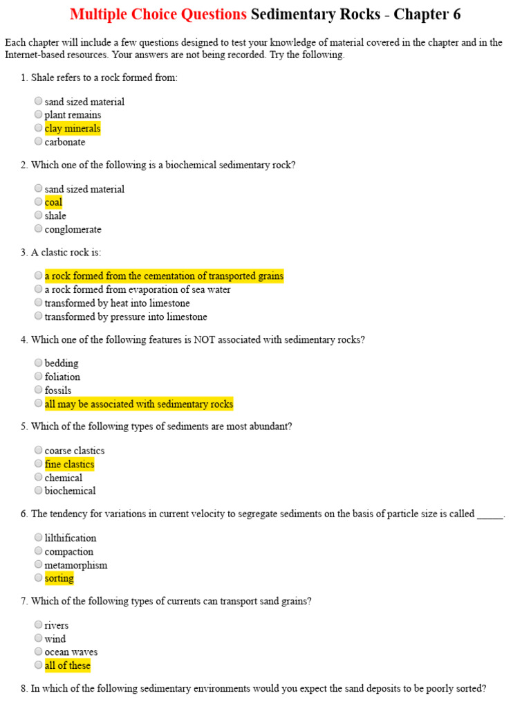 Sedimentary Rocks Quiz Questions | PDF | Sedimentary Rock | Sandstone