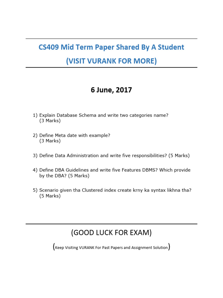 CS409 Mid Term Paper Sample Questions | PDF