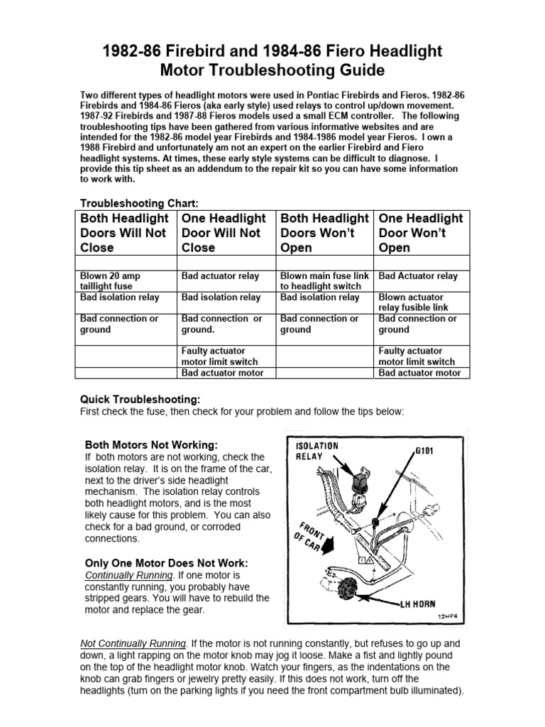 Firebird & Fiero Headlight Motor Guide | PDF | Relay | Switch