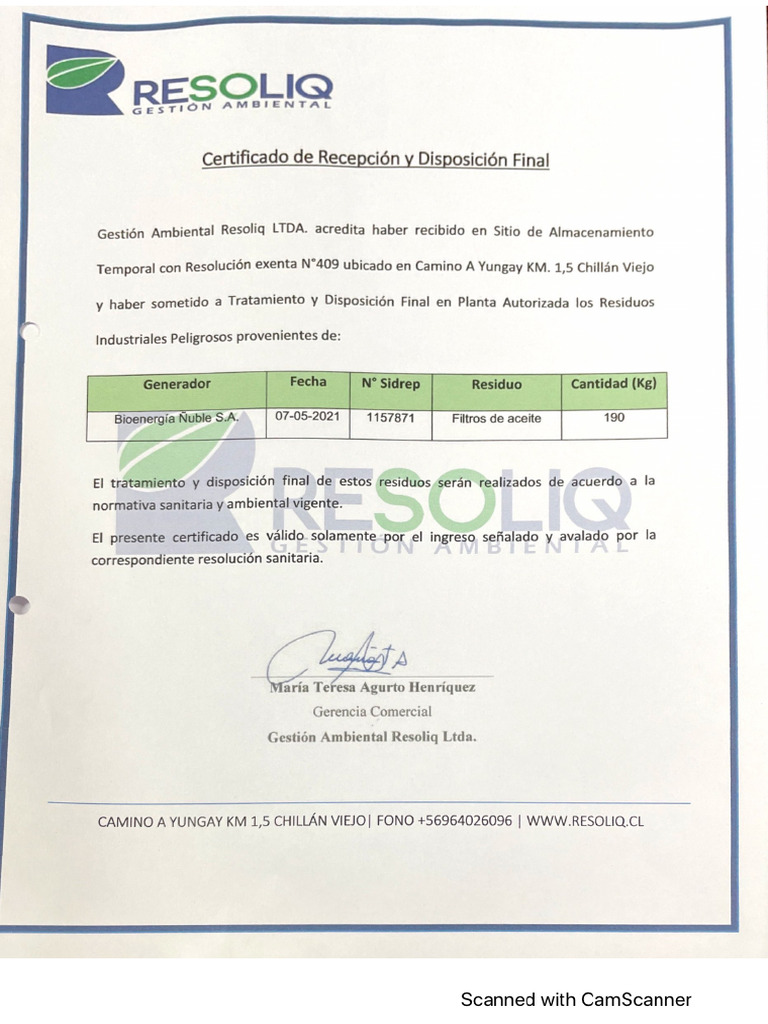 Certificado Disposión de Residuos Finales | PDF