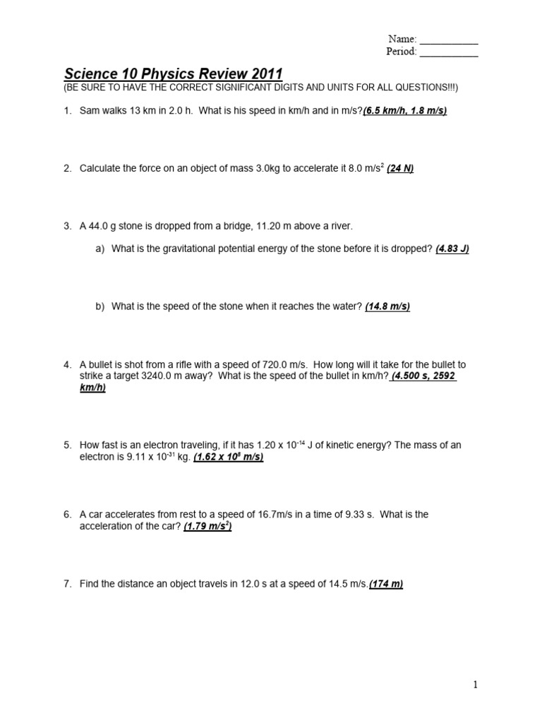 Science 10 Physics Review Questions | PDF | Force | Potential Energy