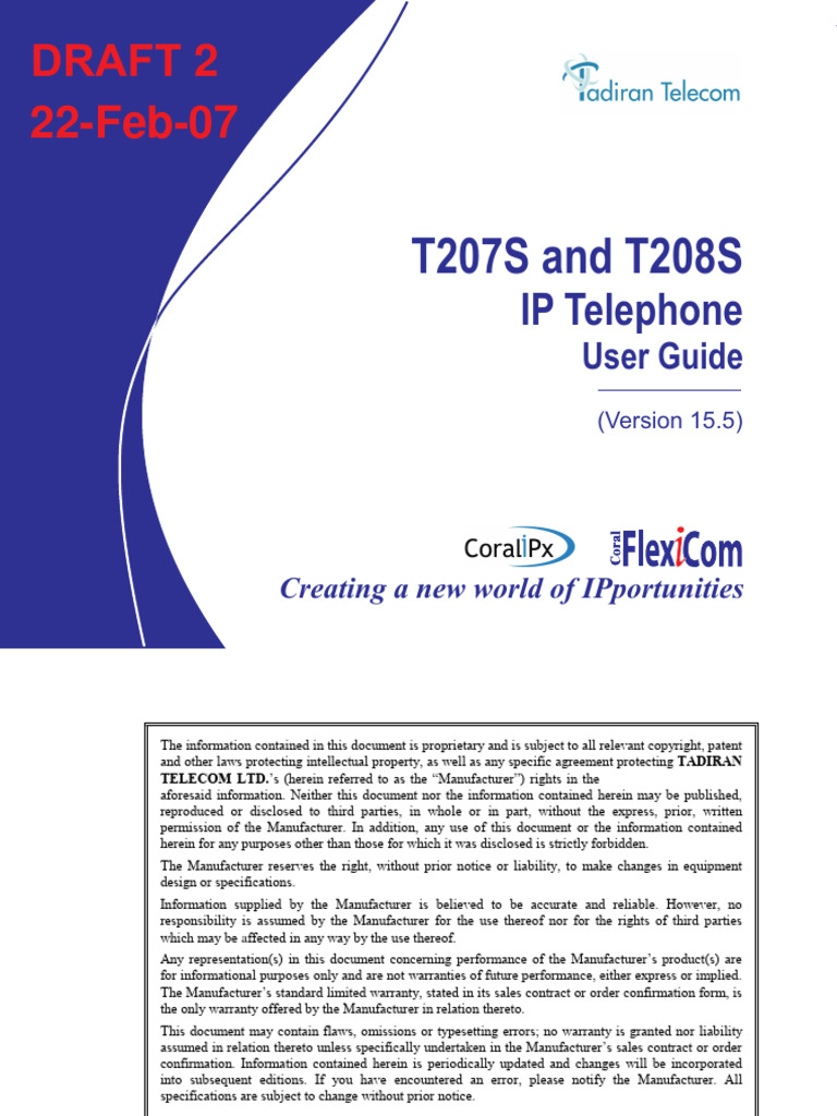 Tadiran Coral IPx T207 T208 SIP User Guide | PDF | Telephone | Network ...