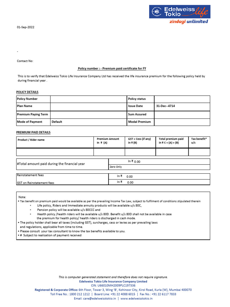 Policy Number: - Premium Paid Certificate For FY: #Total Amount Paid ...